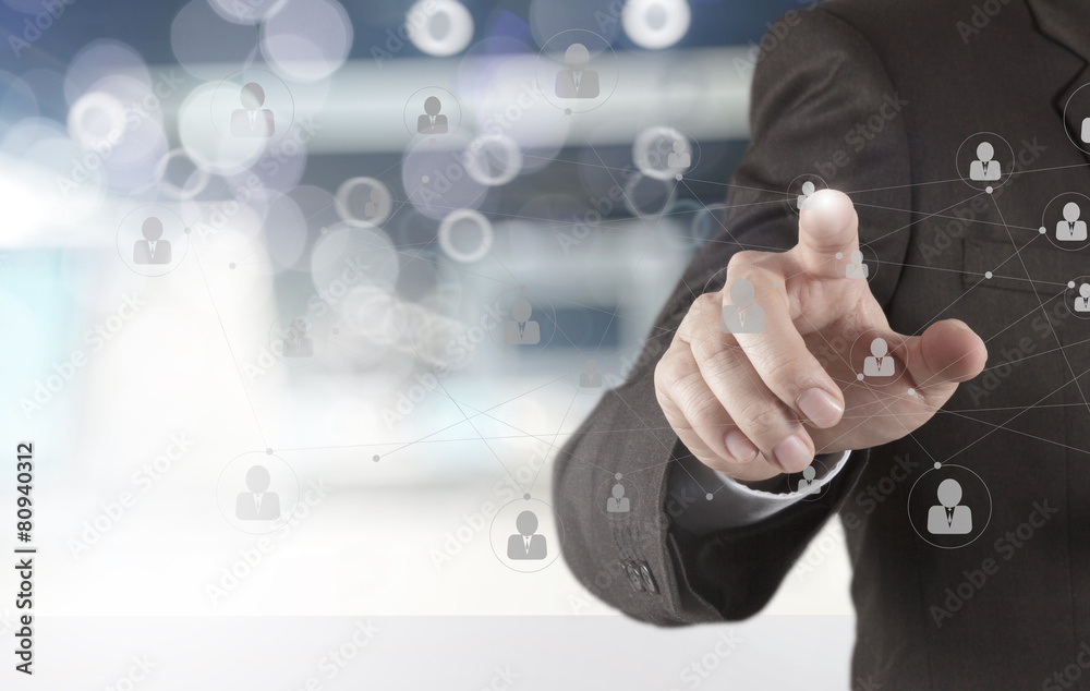 businessman hand showing human icon flow chart on new modern com Stock ...