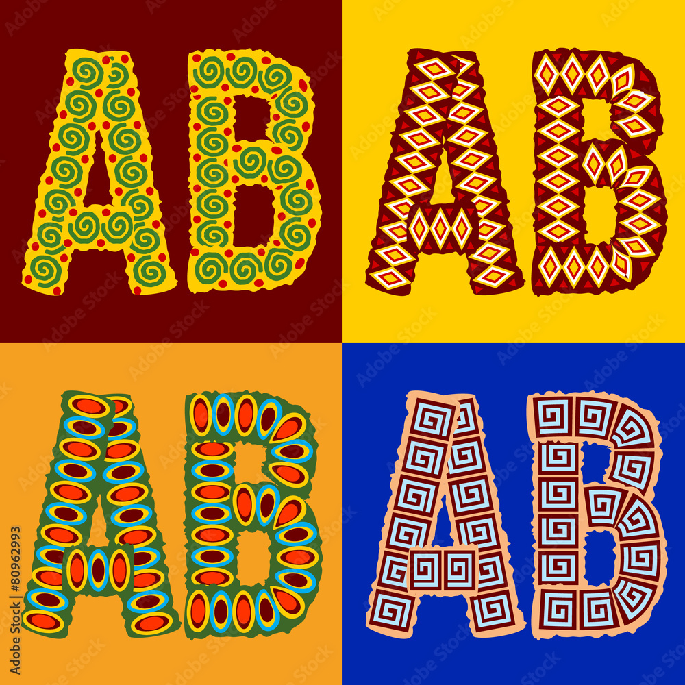 Vector set of ethnic font with african ornament. Letters A B Stock ...