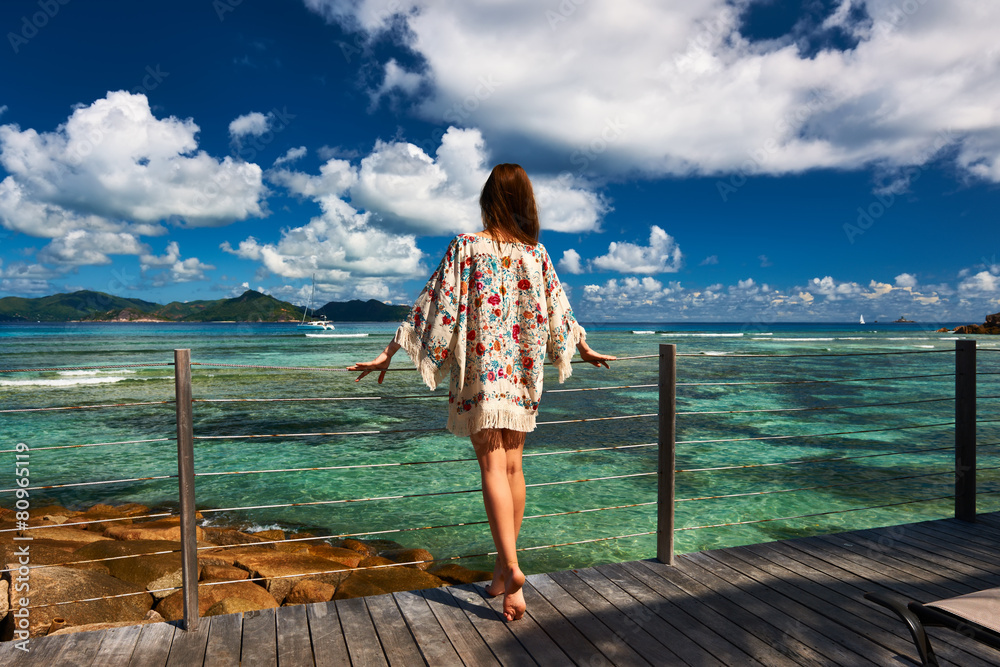 Woman on a beach jetty at Seychelles, La Digue. Stock Photo | Adobe Stock