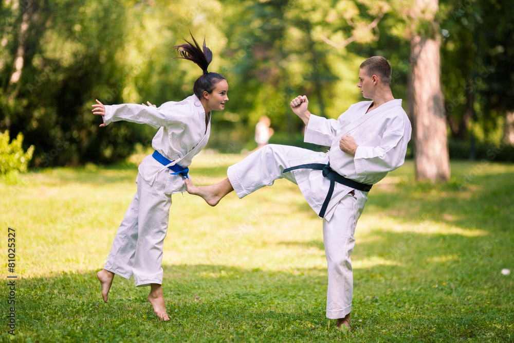Two young people doing karate in nature Stock Photo | Adobe Stock