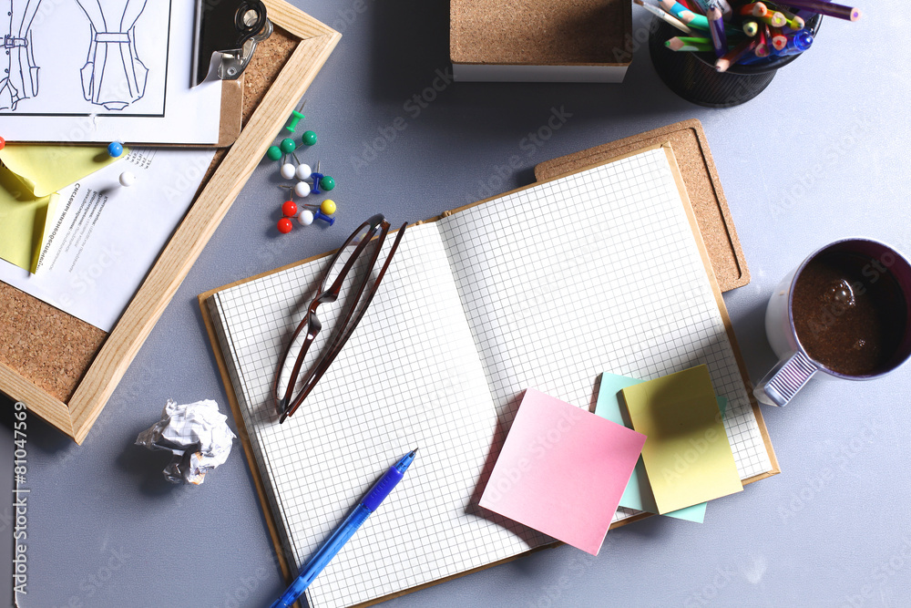 Designer's table with notes and tools Stock-Foto | Adobe Stock