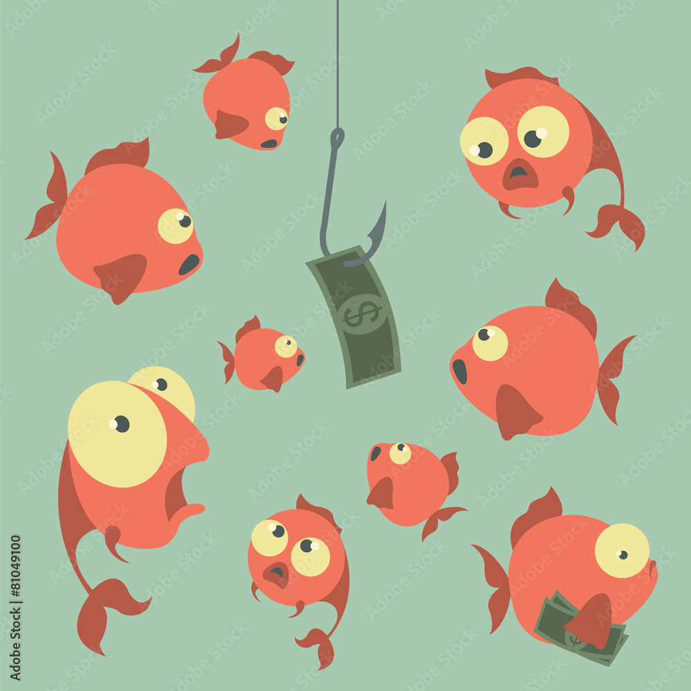 Cartoon vector concept. Fishing. Finances. Business risks. Banks Stock ...