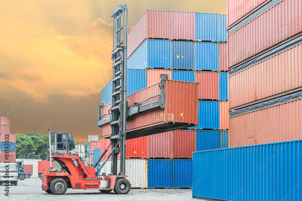 Crane lifter handling container box loading to depot Stock Photo ...