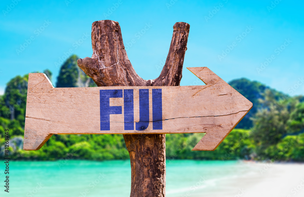 Fiji wooden sign with beach background Stock Photo | Adobe Stock