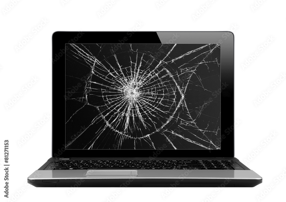 Black laptop with broken screen isolated on white Stock Photo | Adobe Stock