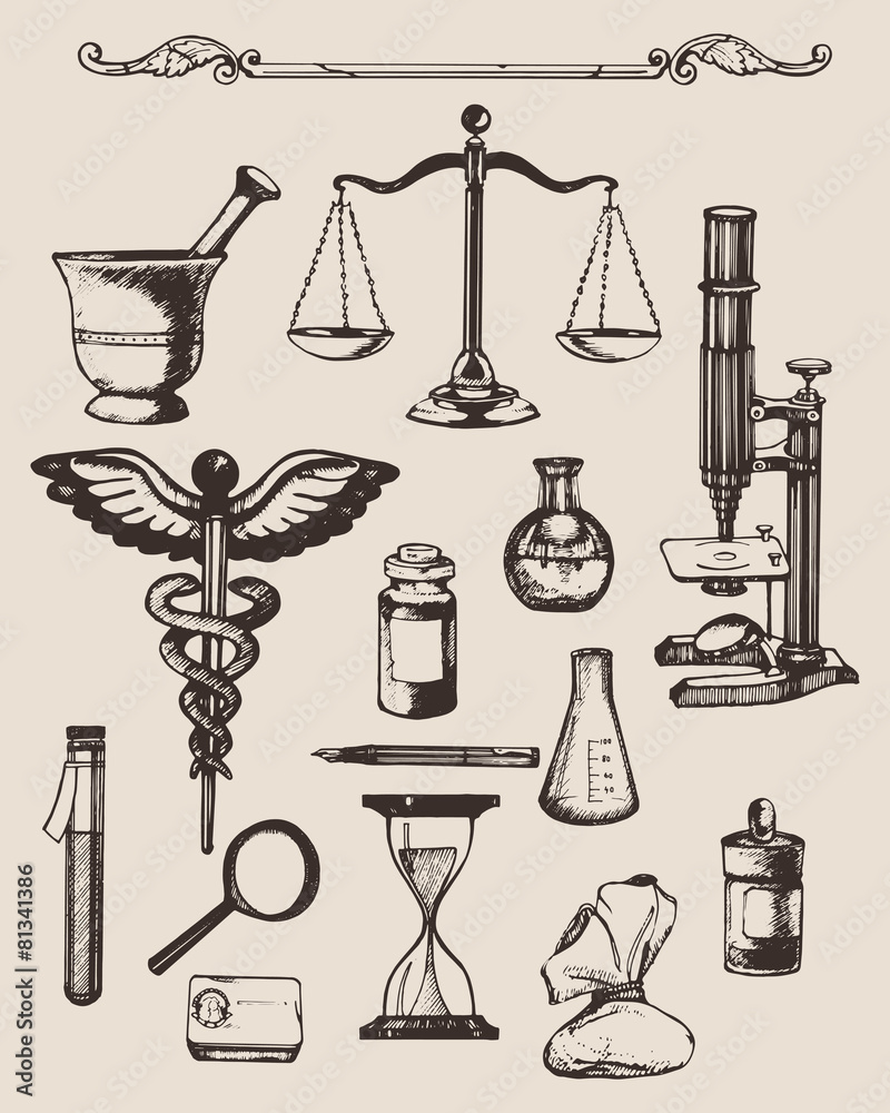 Set of hand-drawn elements of pharmacy or chemistry. Vector. Stock ...