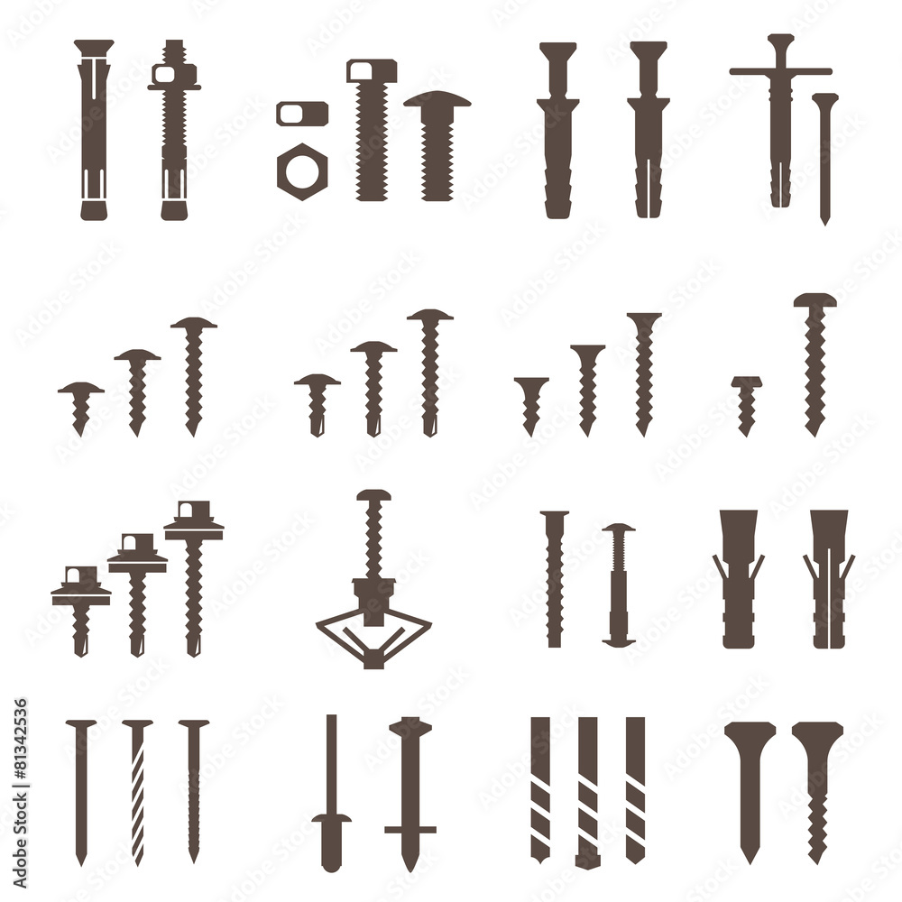 Fasteners icons set. Screws and nails.Vector Stock Vector | Adobe Stock