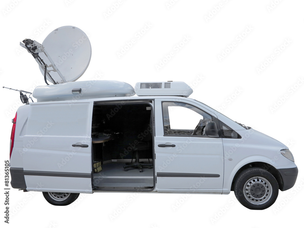 White tv newsman van with satellite dish antenna isolated over w Stock ...