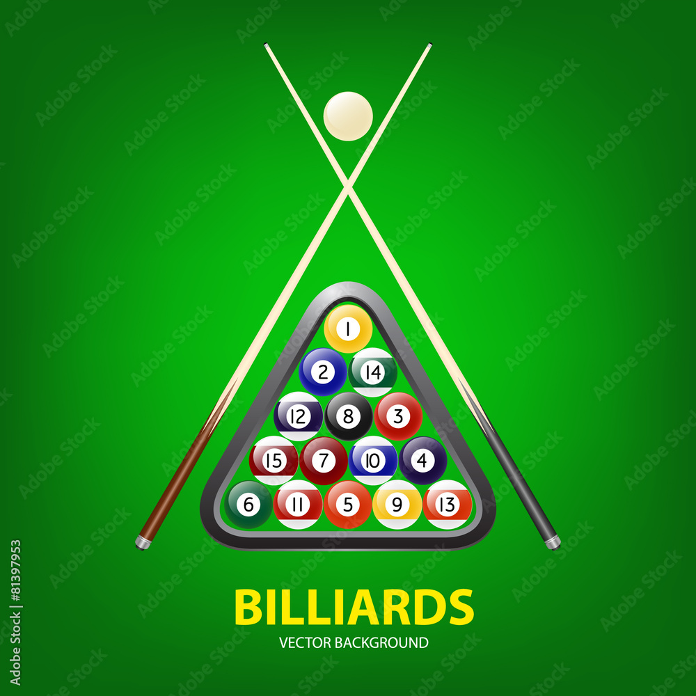 Vector background with billiards balls, triangle and two cues Stock ...