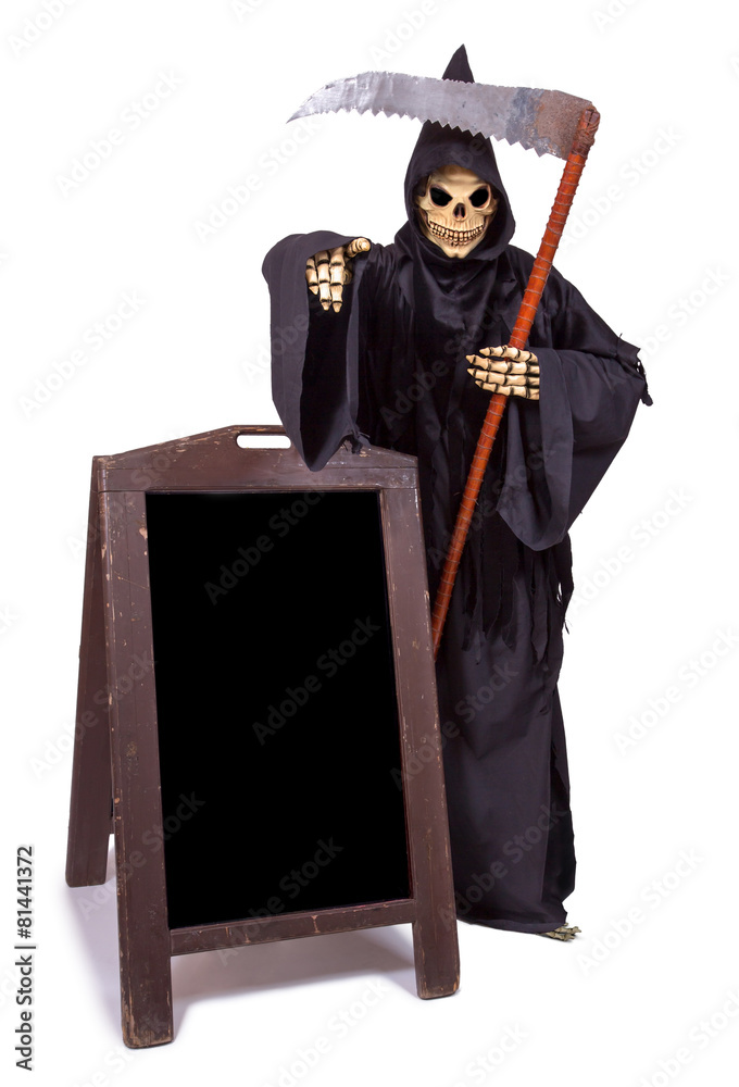 Grim Reaper standing at menu-board and points the finger forward Stock ...