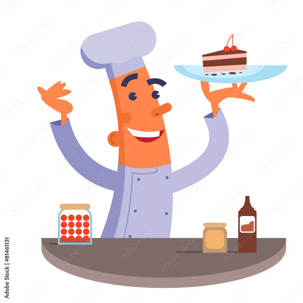 Cartoon chef holding plate with cake Stock Vector | Adobe Stock