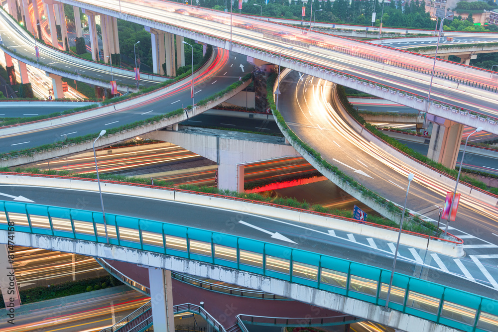 Poster shanghai interchange overpass and elevated road in nightfall ...