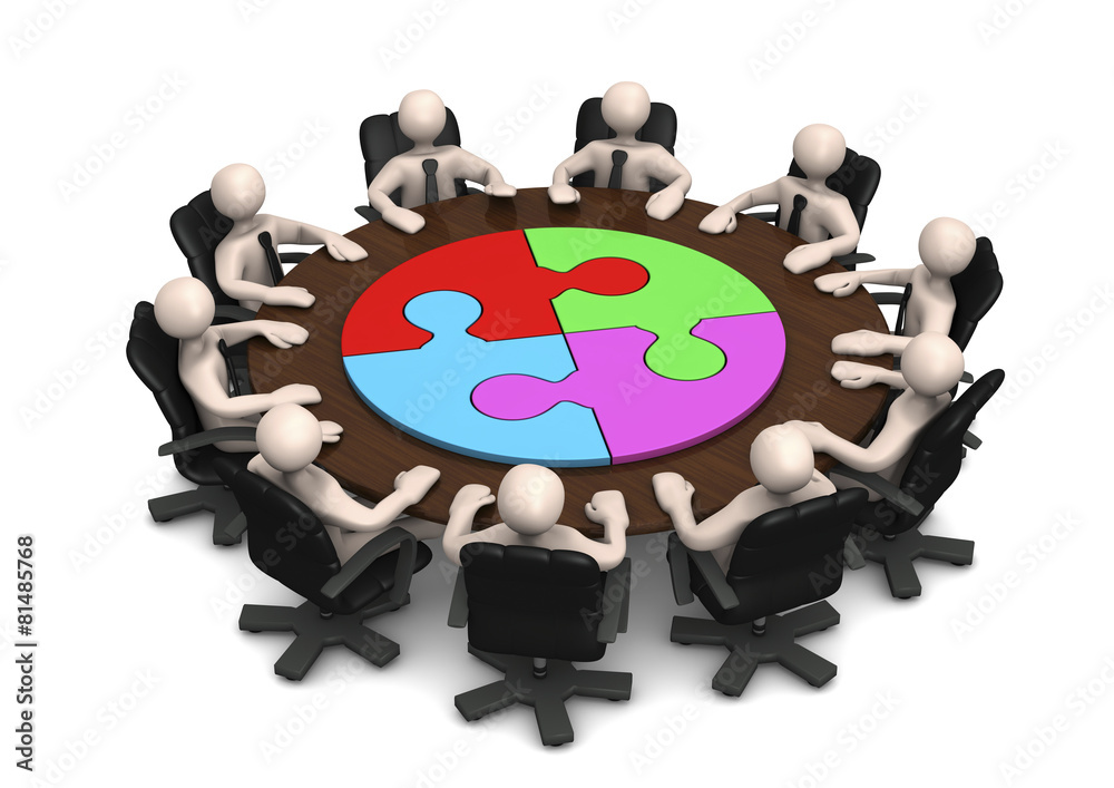 Cartoon Männchen sitzen an rundem Konferenz Tisch, 3D rendering Stock ...