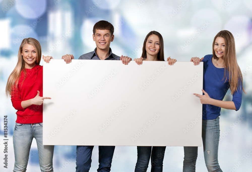 Sign. College Students Holding a Blank Sign Stock-Foto | Adobe Stock