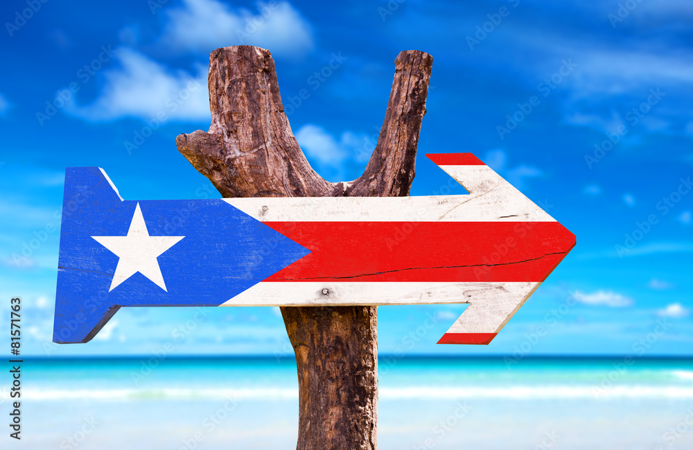 Puerto Rico Flag wooden sign with beach background Stock Photo | Adobe ...