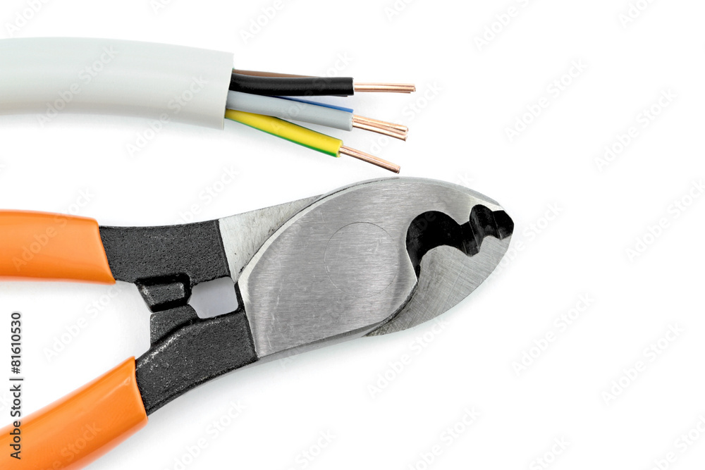 Electric cable and cutter on white background. Stock-Foto | Adobe Stock