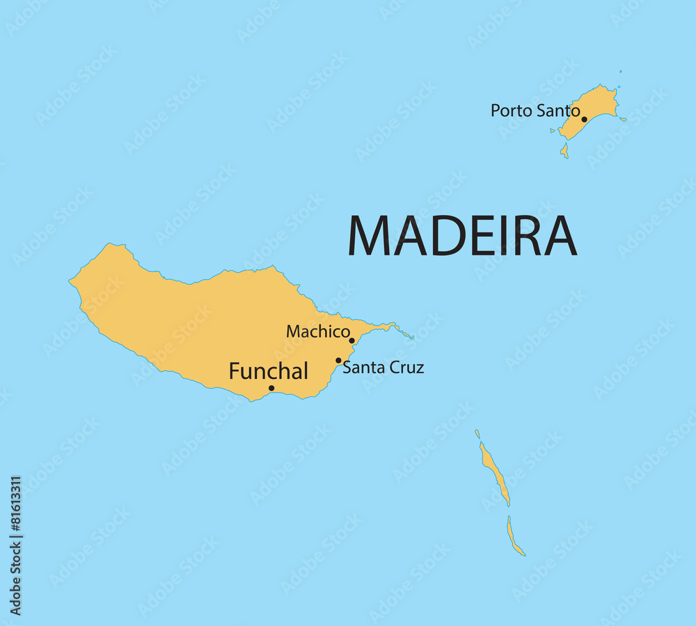 yellow map of Madeira Islands with indication of largest cities Stock ...