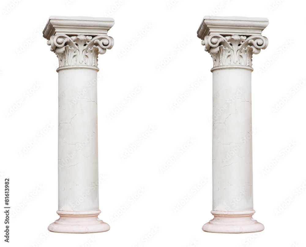 Two white columns in the classical style isolated on white backg Stock ...