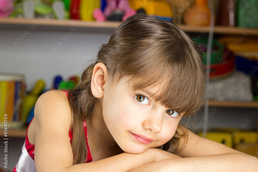 6 years old girl blond hair, red dress with white polka dots Stock ...