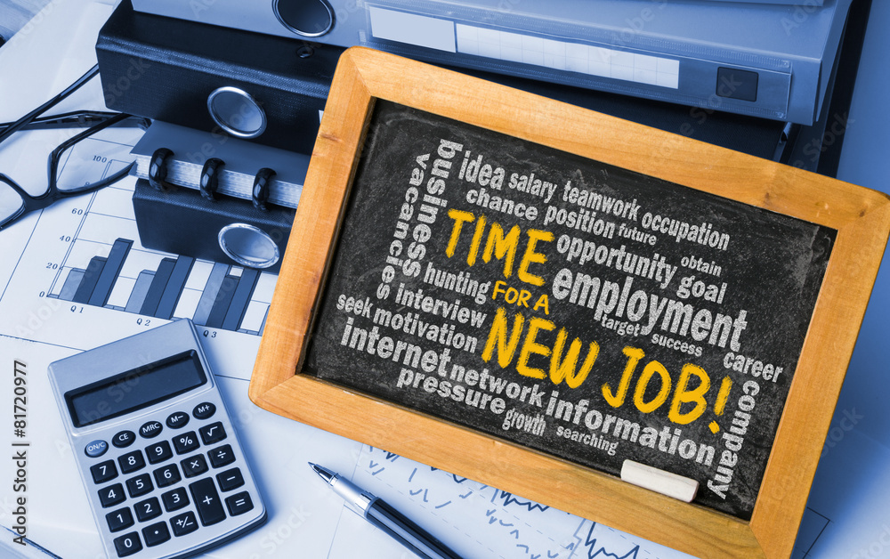 time for a new job with related word cloud handwritten on blackb Stock ...