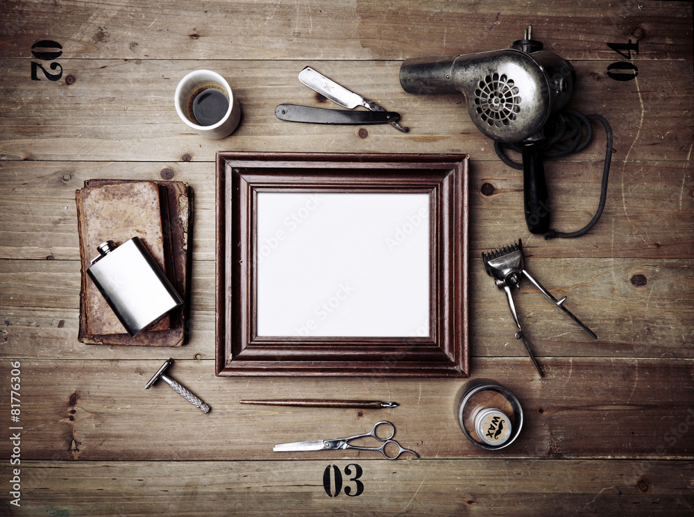 Vintage tools of barber shop with old picture frame Stock Photo | Adobe ...