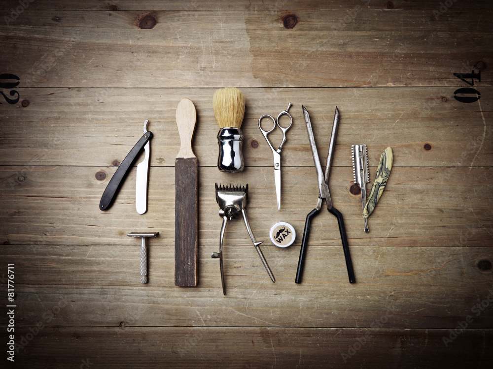 Vintage equipment of barber shop on wood background Stock Photo | Adobe ...