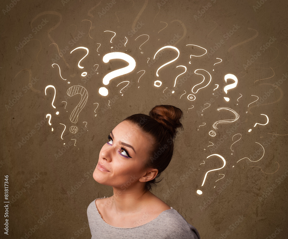 girl with question mark symbols around her head Stock Photo | Adobe Stock