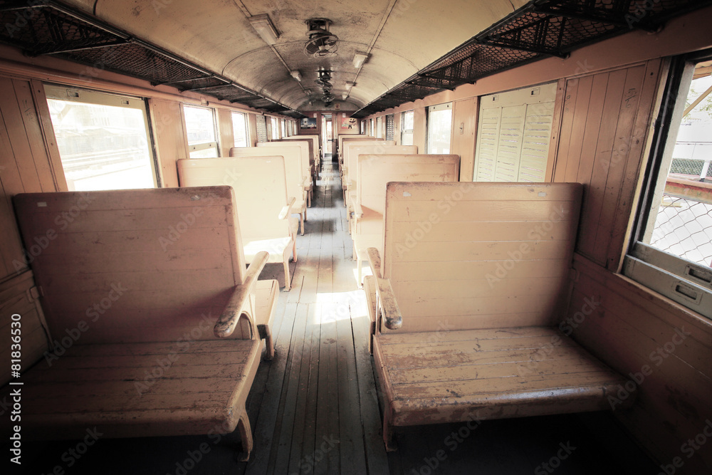 Empty wooden seats and interior of old train.Scene of retro. Stock ...