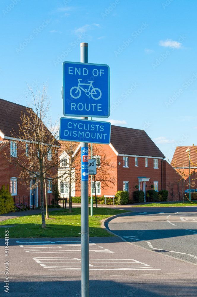 End of Cycle Route sign in a modern housing development, England Stock ...