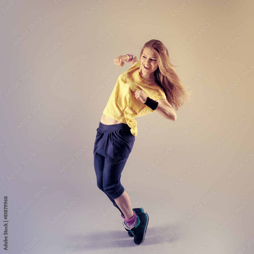 Young pretty Caucasian hip hop girl dancing with fun Stock-Foto | Adobe ...