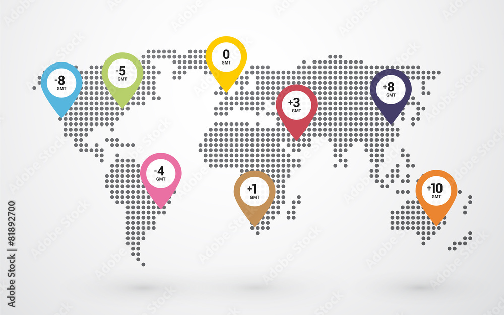 dotted world map with pin marking time zones Stock Vector | Adobe Stock