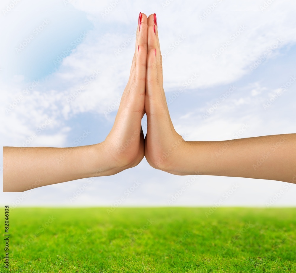 Pray. Hands in Namaste prayer mudra by Indian lady isolated at Stock ...