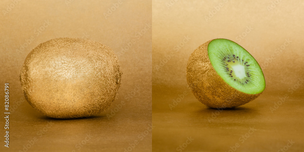 Whole and opened kiwi with golden peel on gold background Stock Photo ...
