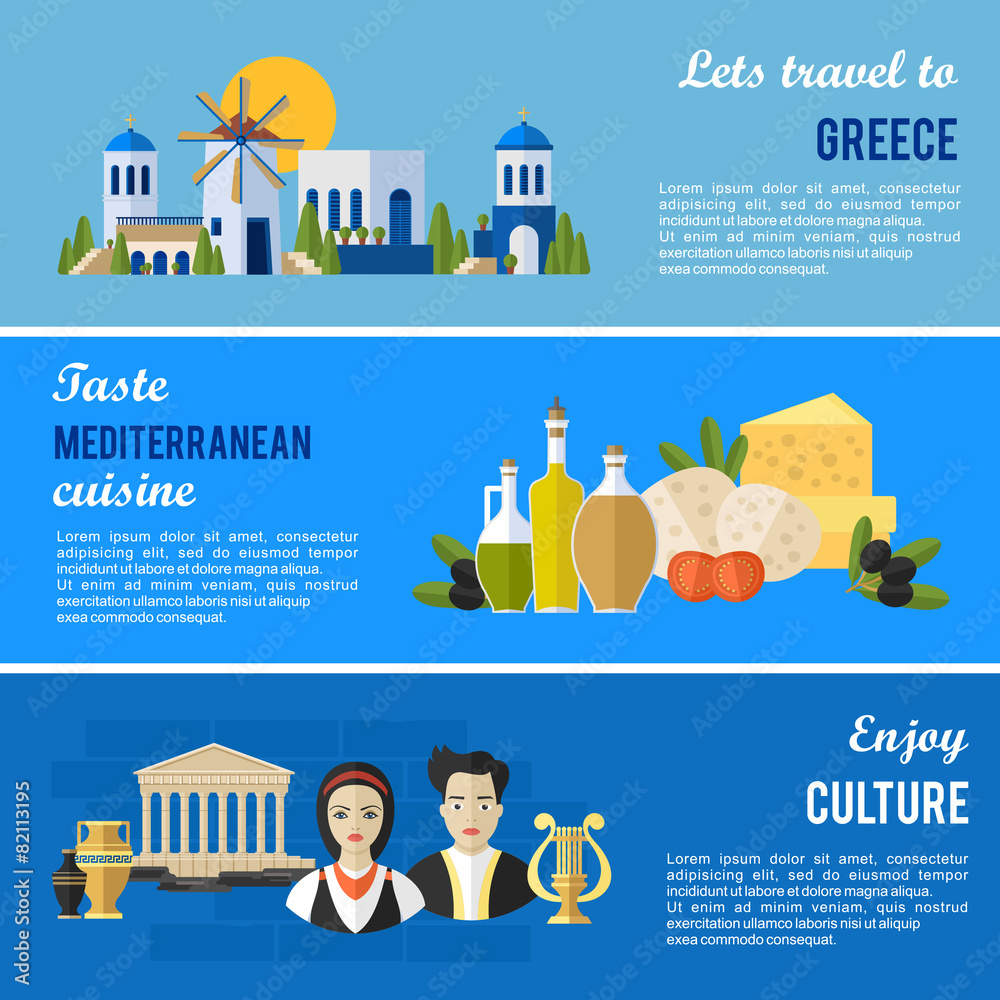 Greece Landmarks and cultural features flat banners design set Stock ...