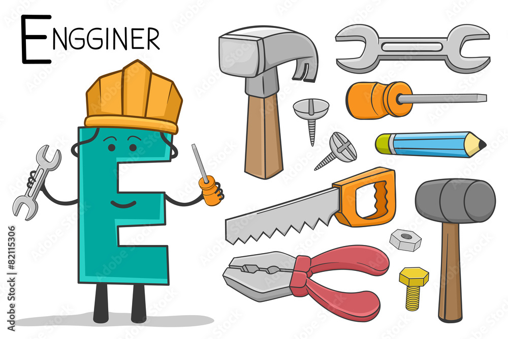 Illustration of alphabet occupation - Letter E for Engineer Stock ...