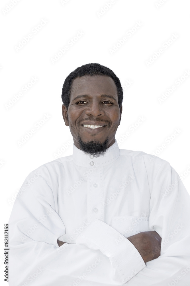 Afro man wearing a white djellaba, isolated Stock Photo | Adobe Stock