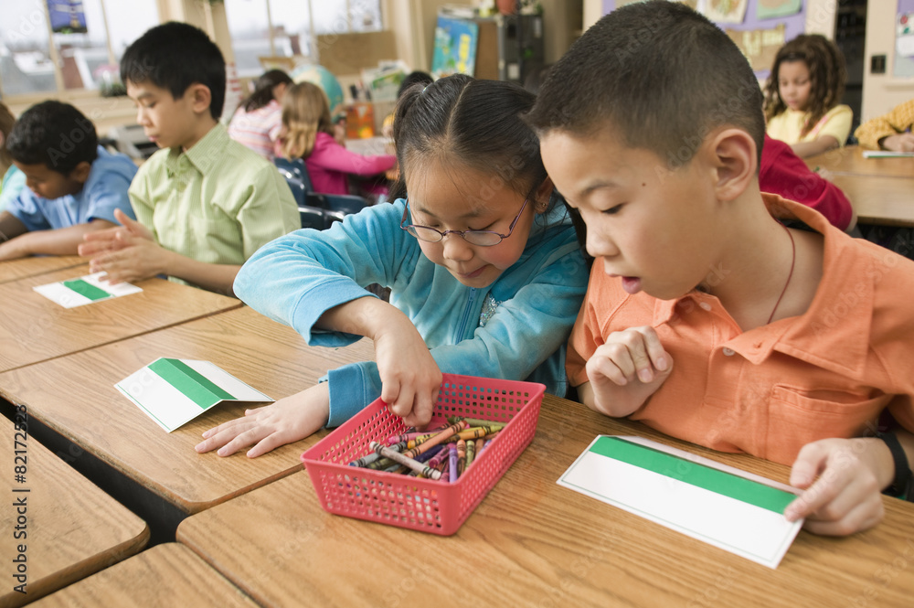 Asian school children making name cards Stock Photo | Adobe Stock
