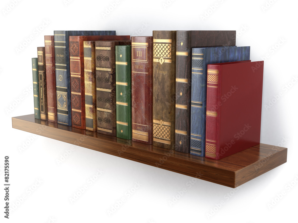 Vintage old books on shelf isolated on white. Stock Illustration ...