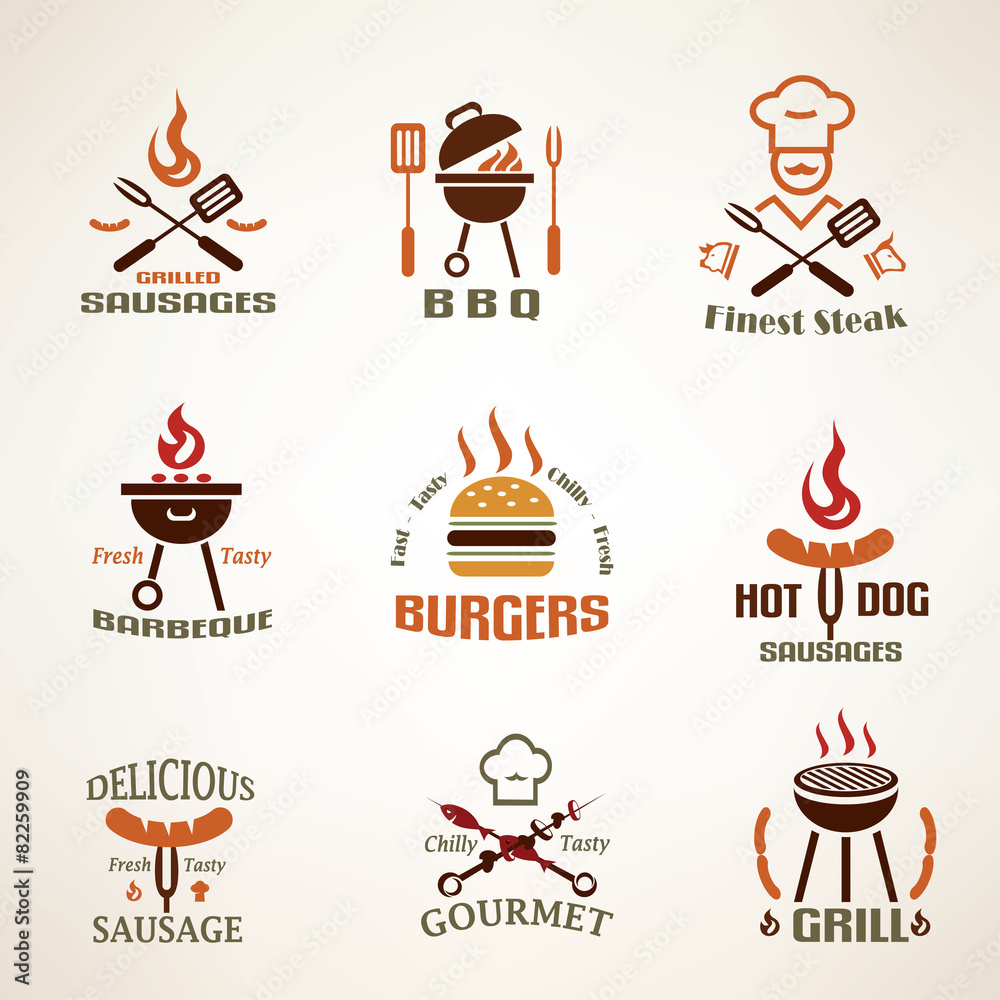 Set of vintage barbecue and grill labels, badges and design elem Stock ...