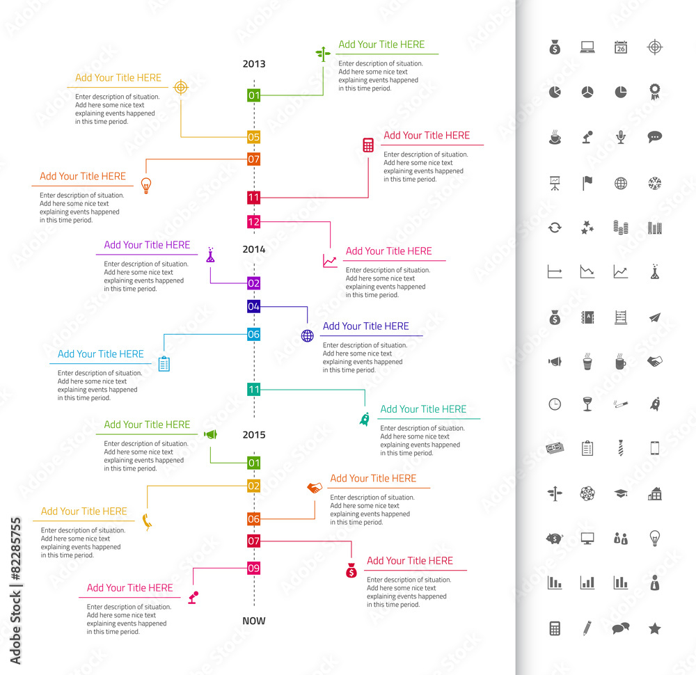 Modern flat timeline with rainbow milestones and dark background Stock ...