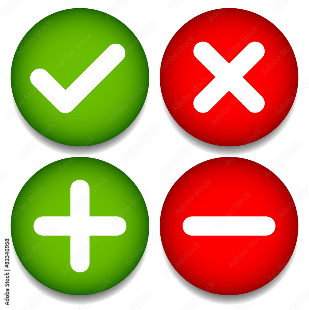 Set of 4 icons with check mark, cross and plus, minus signs. Stock ...