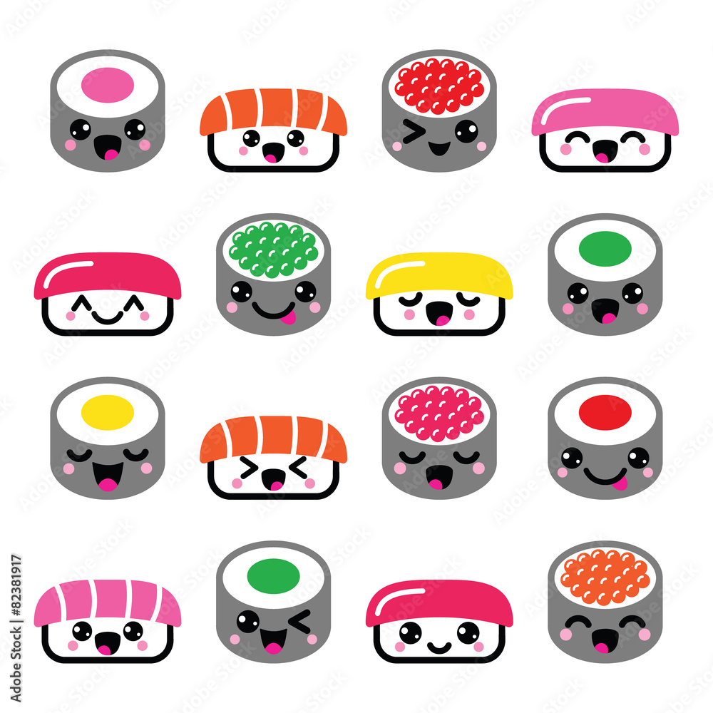 Cute Kawaii sushi - Japanese food vector icons set Stock Vector | Adobe ...