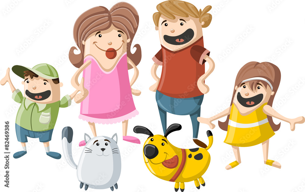 Colorful cute happy cartoon family with pets Stock Vector | Adobe Stock