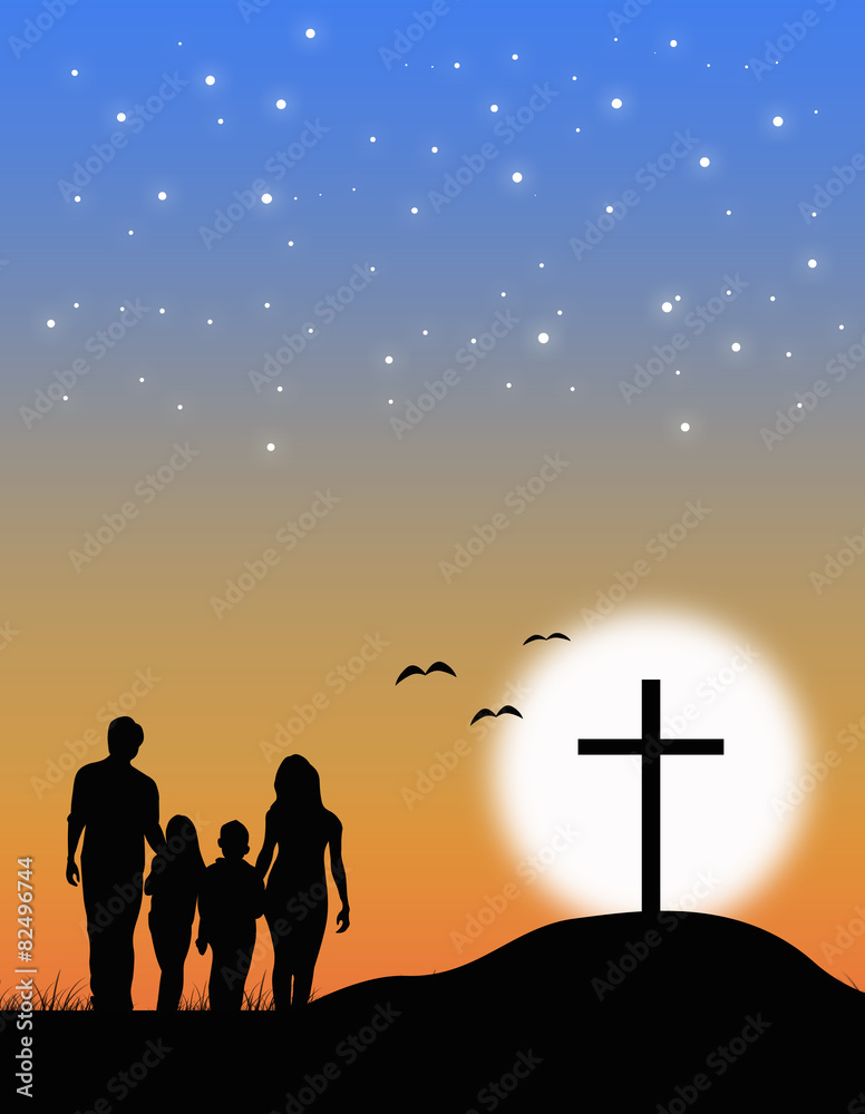 Christian family at the Cross Stock Illustration | Adobe Stock