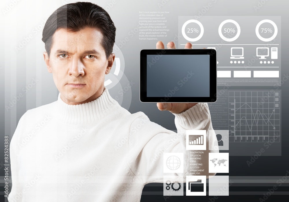 Gadgets. Picture of man with tablet pc and virtual screens Stock-Foto ...