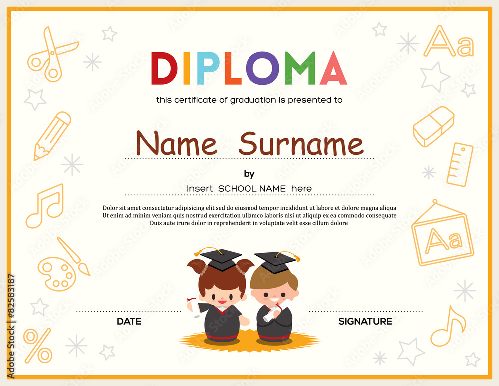 Preschool Kids Diploma certificate design template Stock Vector | Adobe ...