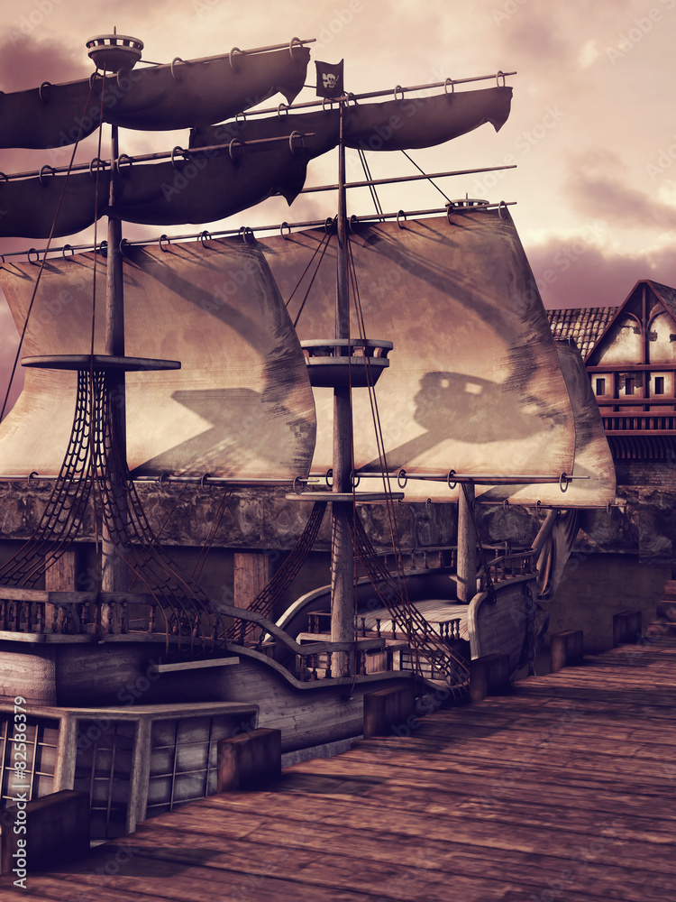 Statek przy drewnianym molo Stock Illustration | Adobe Stock