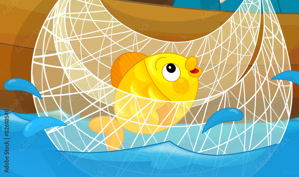 Cartoon scene with fish in the net - illustration for children Stock ...