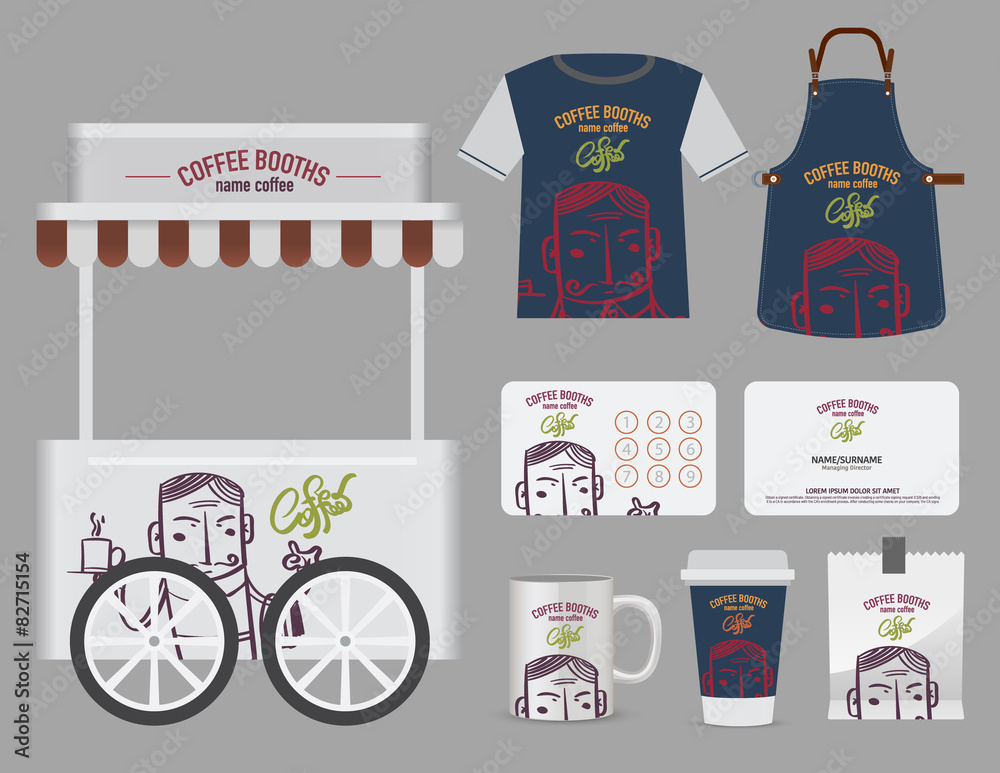 Vector coffee booths set, T-Shirt, name card and free symbol des Stock ...