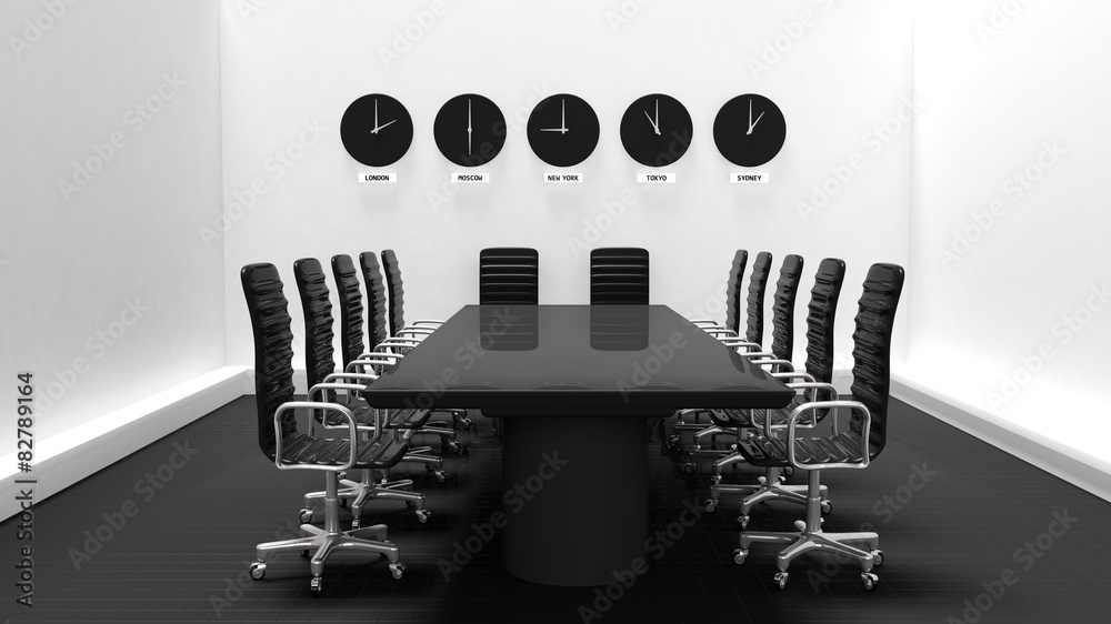 Interior of a meeting room with world clocks on a white wall Stock ...